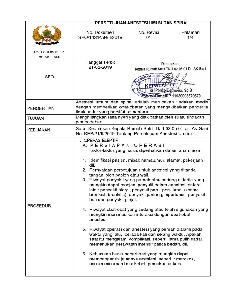 33.spo Persetujuan Anestesi Umum Dan Spinal | PDF