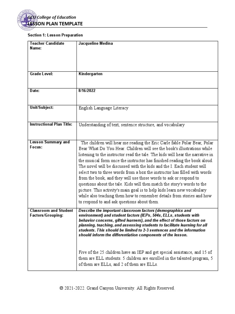 English Lesson Plan For ESL 536 Week 5 | PDF | Lesson Plan ...