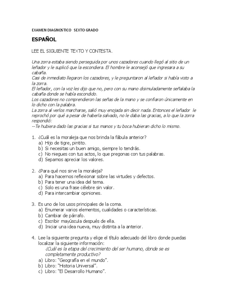 Examen Diagnóstico Sexto Grado | PDF | Dom | México