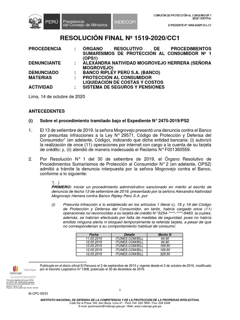Resolución Final #1519-2020/CC1 | PDF | Protección al Consumidor | Los consumidores