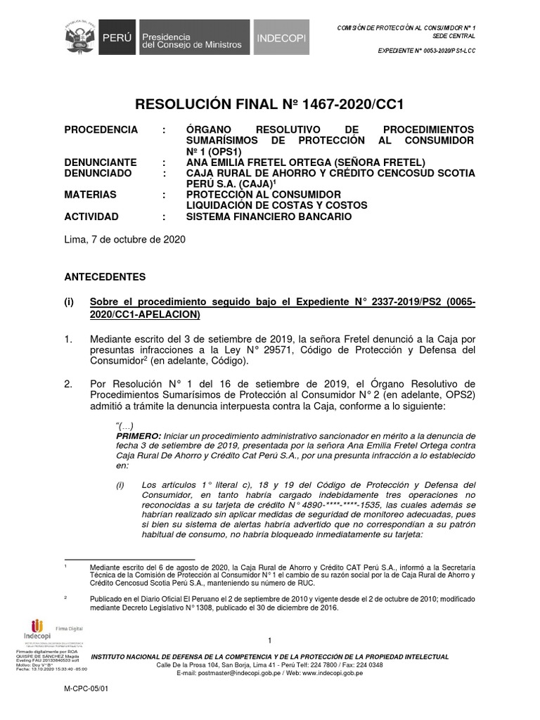 Resolución Final #1467-2020/CC1 | PDF | Protección al Consumidor | Los consumidores