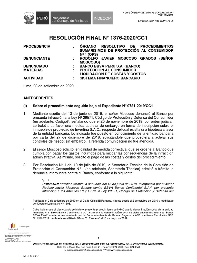 Resolución Final #1376-2020/CC1 | PDF | Protección al Consumidor | Perú