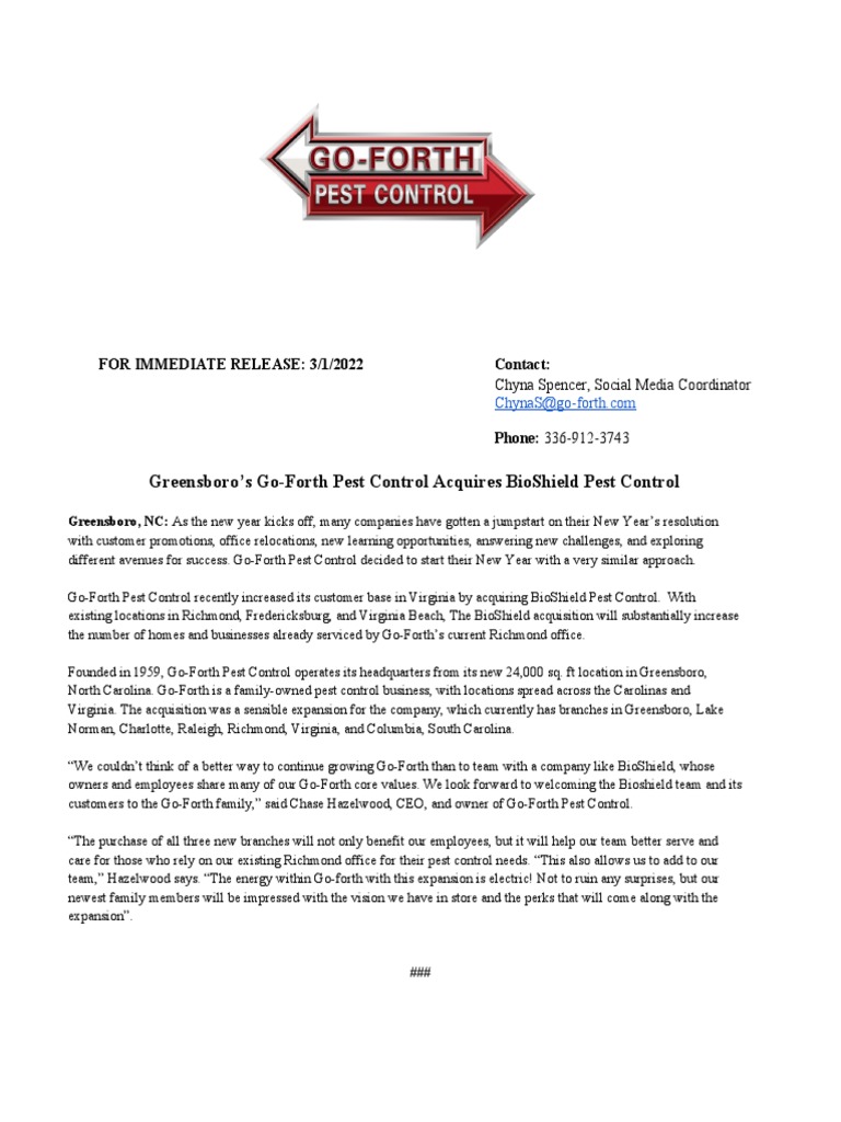 Go-Forth Pest Control Acquires BioShield | PDF | Economies | Business