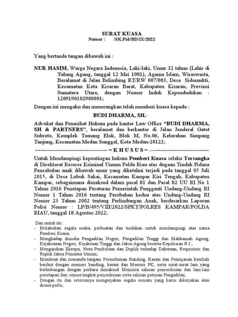 Surat Kuasa Hukum Pidana | PDF