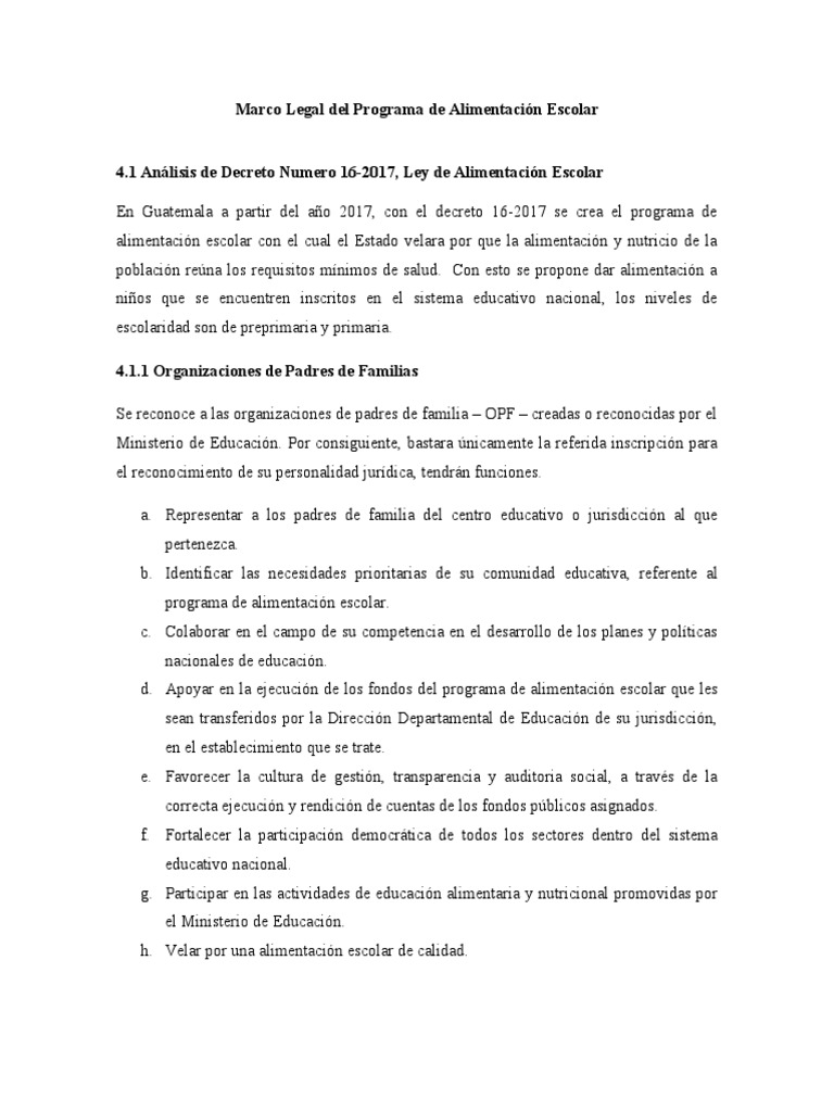 Resumen Grupo 4 Marco Legal Programa Alimentacion Escolar | PDF | Alimentos | Presupuesto