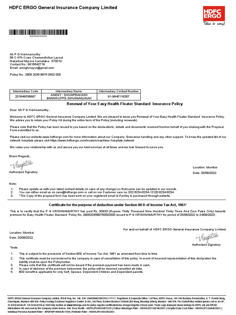Renewal of Your Easy Health Floater Standard Insurance Policy | PDF ...