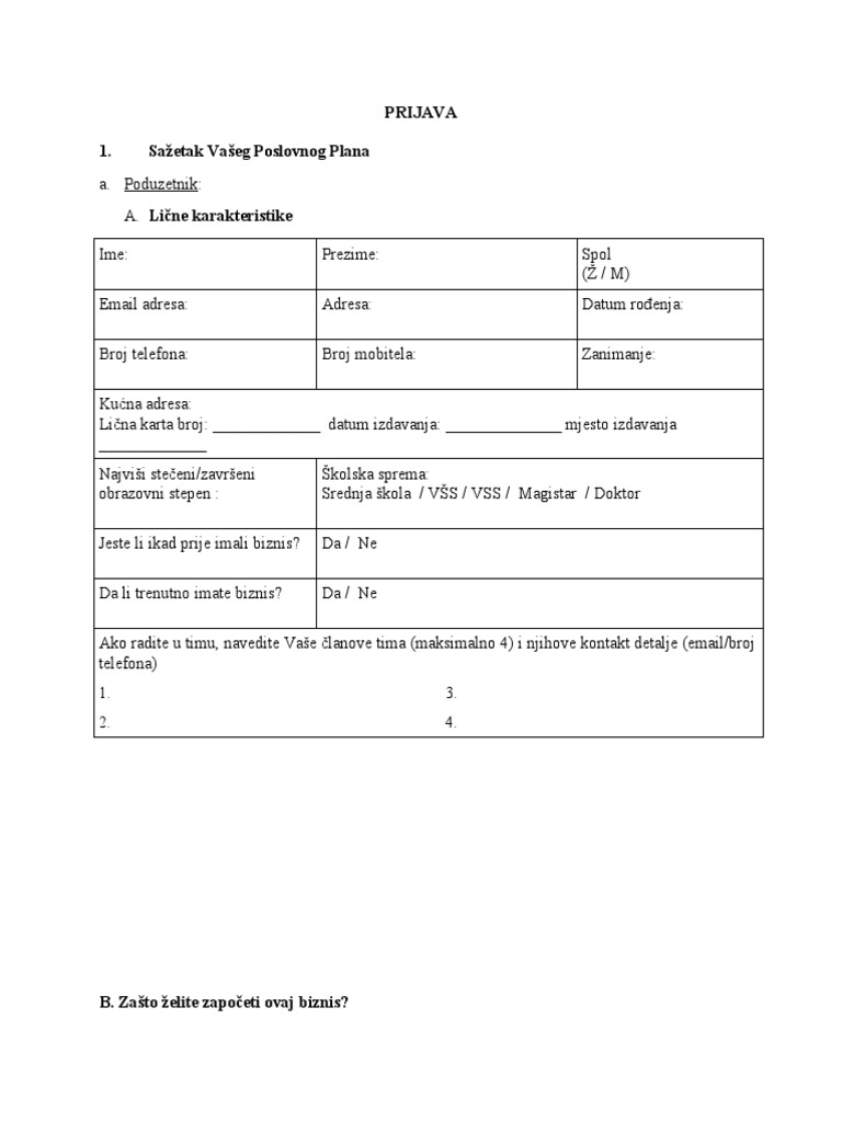 Prijavni Obrazac Start Up 2020 | PDF
