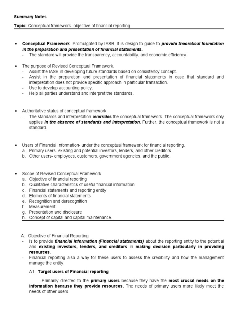 Summary Notes - Conceptual Framework - Objective of Financial Reporting ...