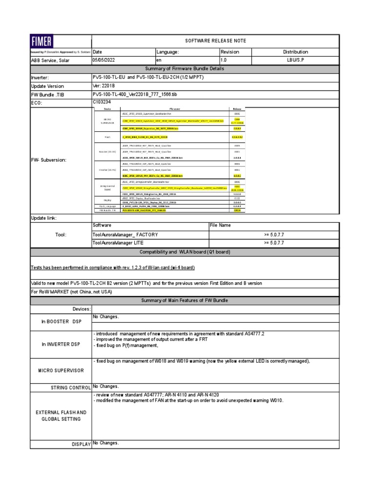 PVS 100 TL FirmwareReleaseNote 2201B | PDF | Software Development | Computing