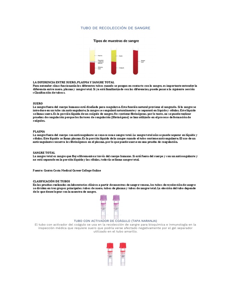Tubo de Recolección de Sangre: La Diferencia Entre Suero, Plasma Y ...