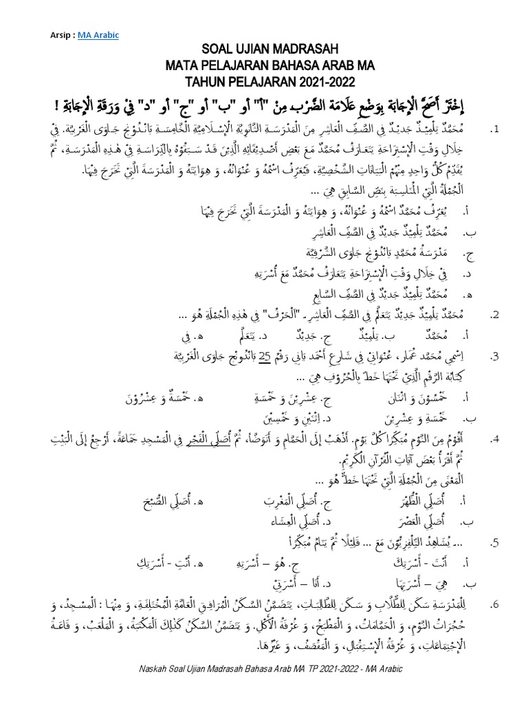 Soal Ujian Madrasah Bahasa Arab MA TP 2021-2022 - MA Arabic | PDF