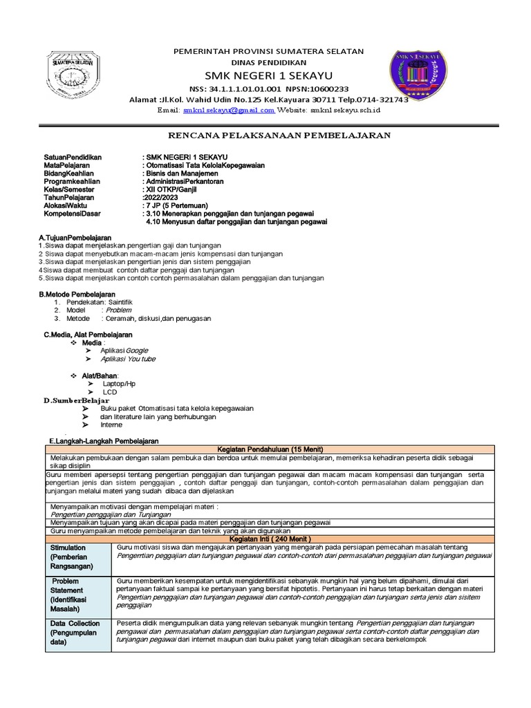 SMK Negeri 1 Sekayu: Rencana Pelaksanaan Pembelajaran | PDF