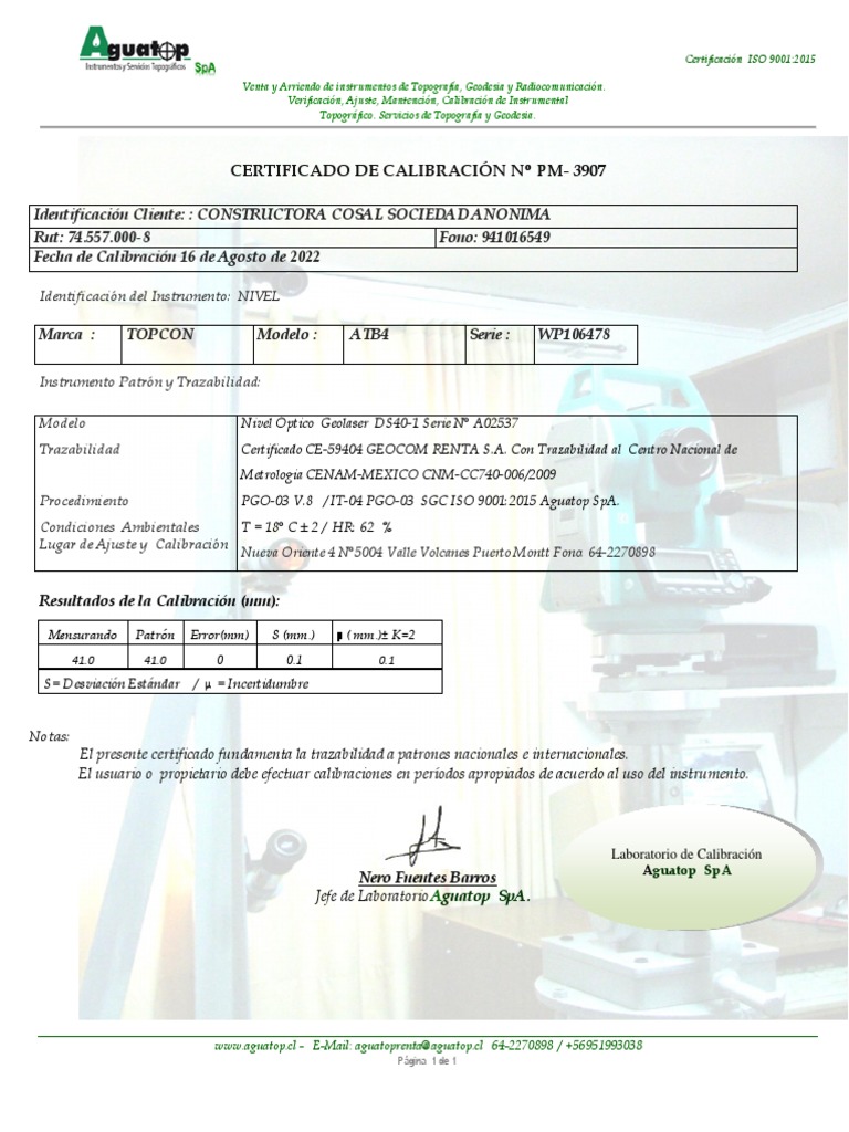 3907 PM 16082022 Certificado Nivel Topcon Serie WP106478 Construtora Cosal Sa | PDF ...
