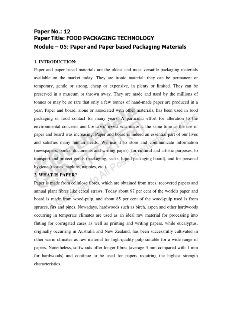 Paper No.: 12 Paper Title: Food Packaging Technology Module - 05: Paper ...