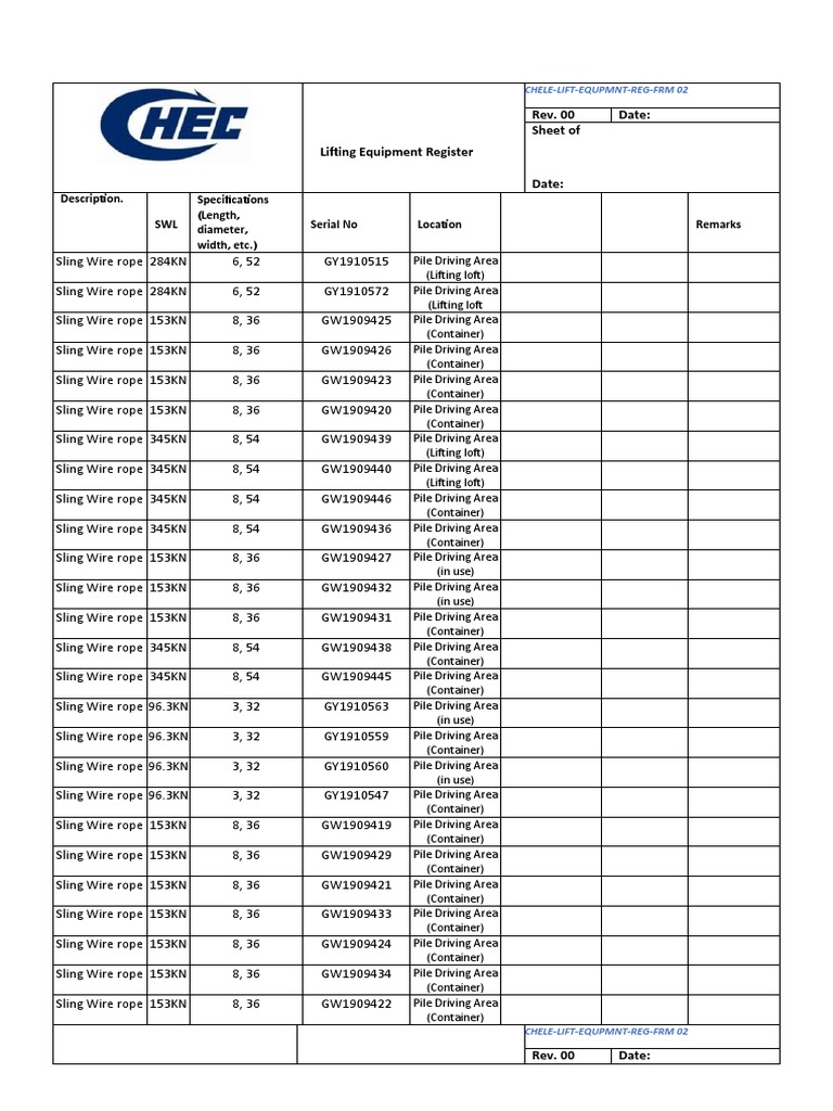 Lifting Equipment Register | Download Free PDF | Deep Foundation | Rope