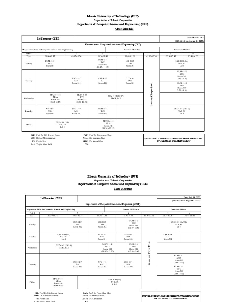 IUT CSE Class Schedule for 1st Semester 2022 | PDF | Academic Term ...