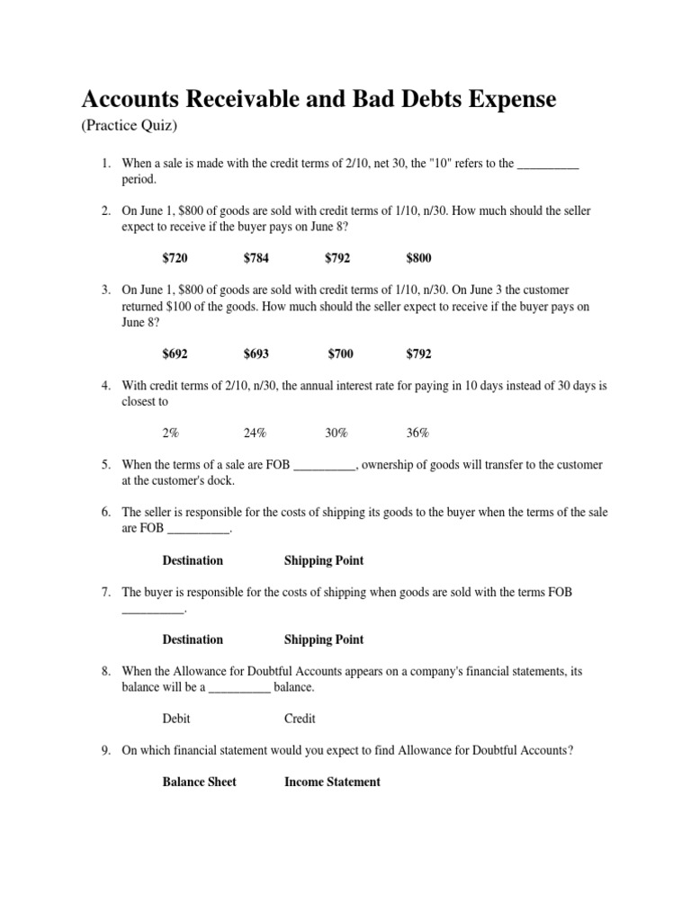 Accounts Receivable and Bad Debts Expense (Practice Quiz) | PDF | Debits And Credits | Bad Debt