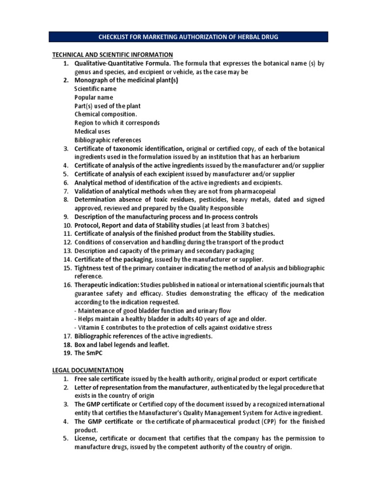 Checklist For Marketing Authorization of Herbal Drug | PDF | Packaging ...