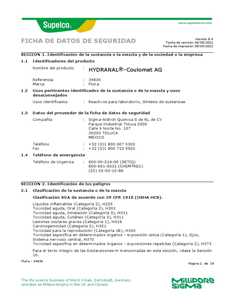 Ficha de Datos de Seguridad: HYDRANAL®-Coulomat AG | PDF | Agua | Etanol