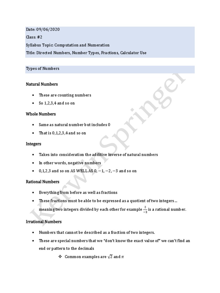 Class 2 - C - N 2 - Directed Numbers, Number Types, Fractions, Calculator Use | Download Free ...