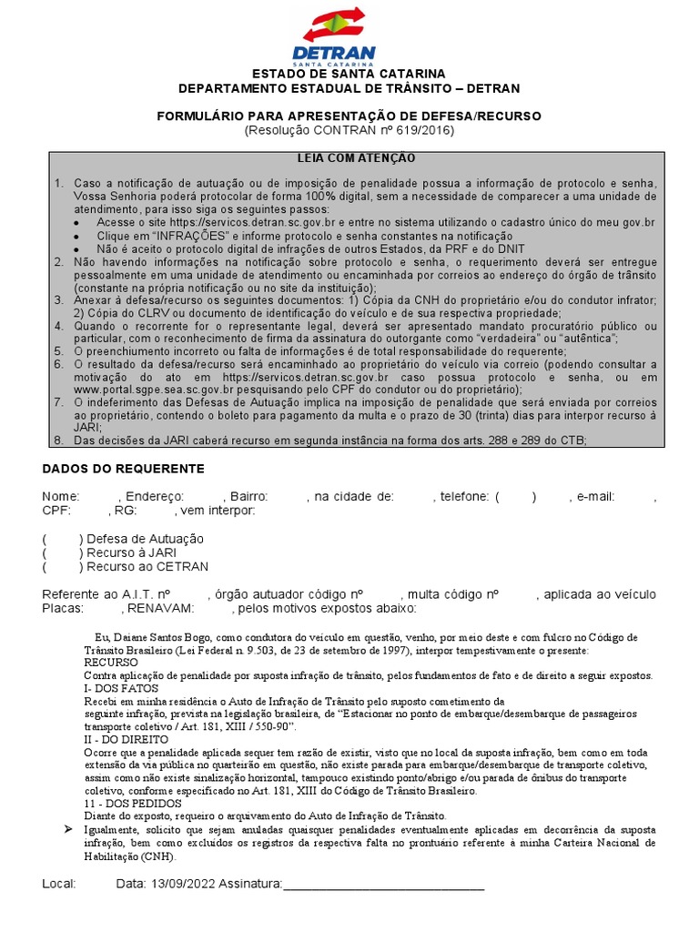 Formulário para Defesas e Recursos de Infrações de Trânsito Estado de ...