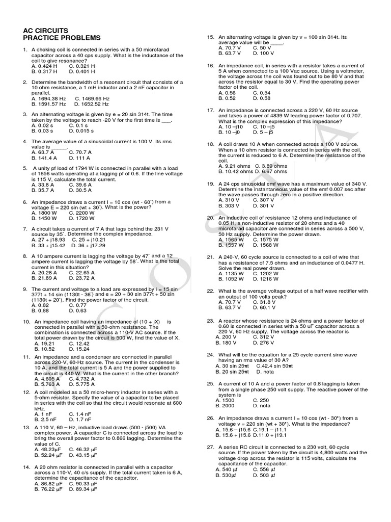 AC CIRCUITS Practice Problems | PDF | Electrical Impedance | Inductor