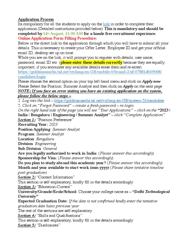 Goldman Sachs Application Instructions | PDF | Login | Password