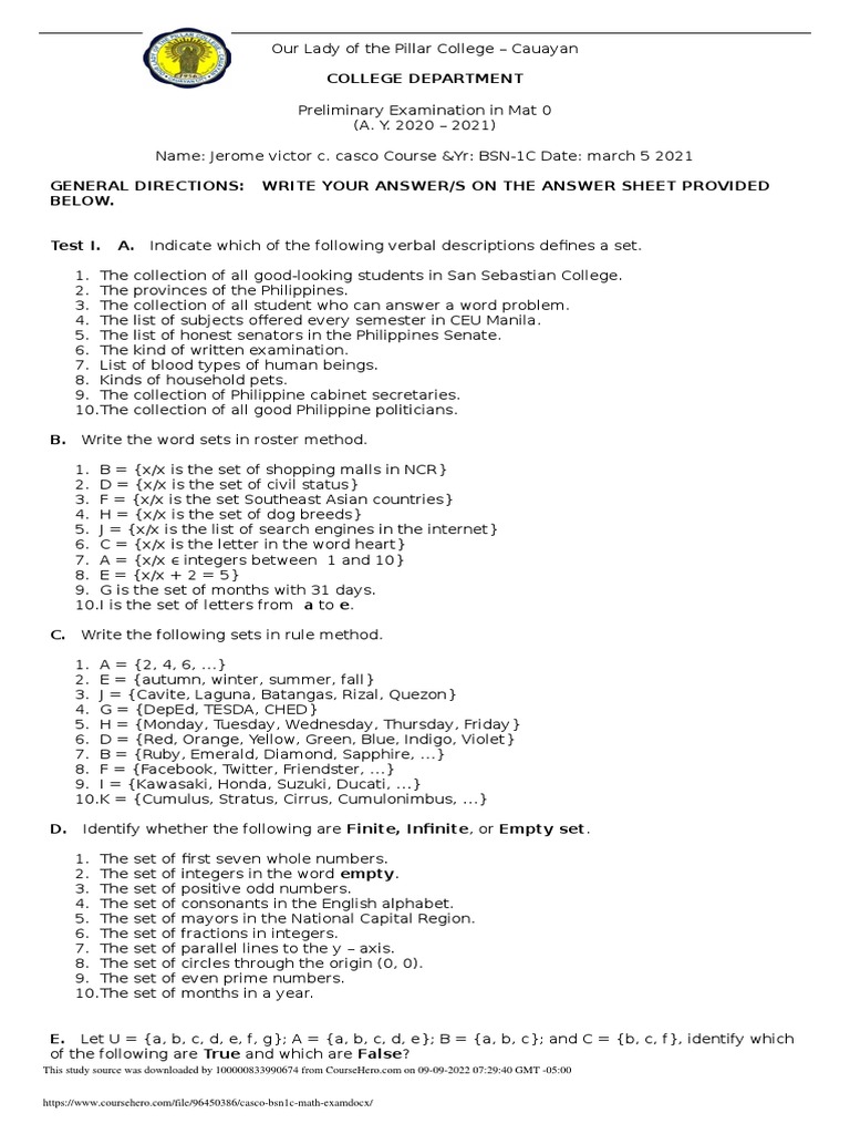 Casco bsn1c Math Exam | PDF | Mathematics | Mathematical Concepts
