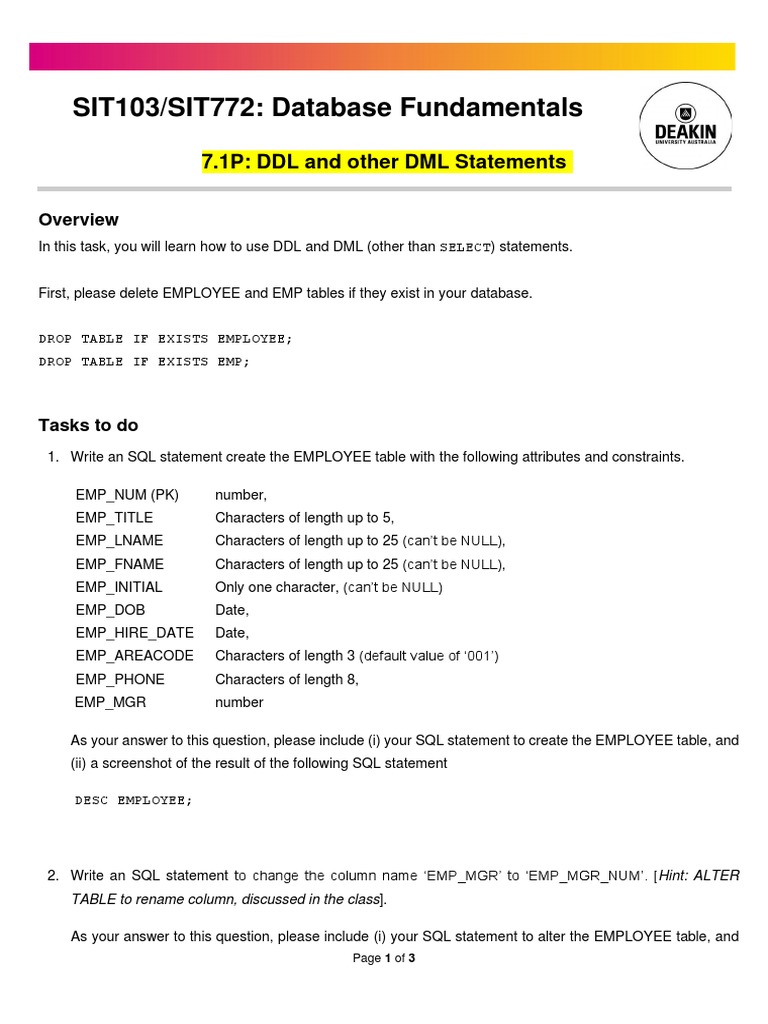 SQL DDL and DML Tasks Guide | PDF | Data Management Software | Software