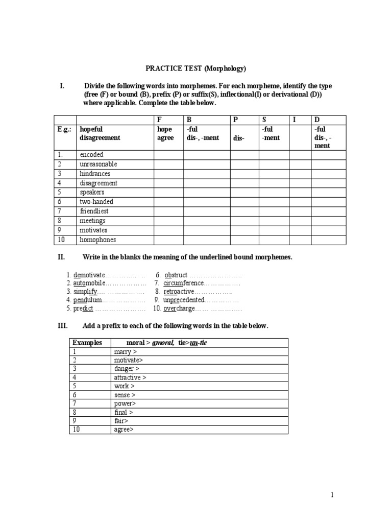 Morphology Practice Test | PDF | Morphology (Linguistics) | Word