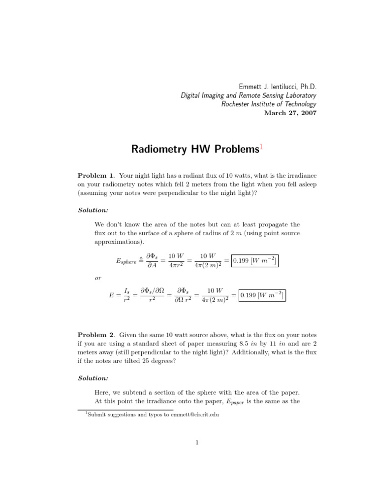 Photometry and Radiometry Numericals | PDF | Sphere | Electrodynamics