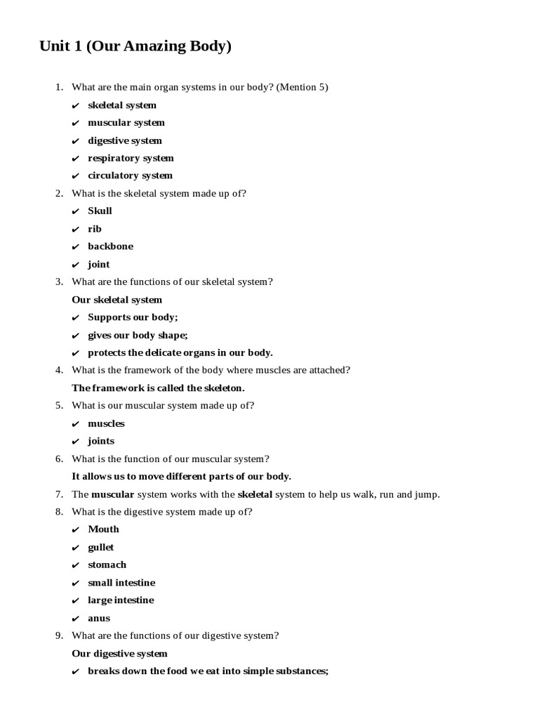 Unit 1 (Our Amazing Body) Answer Key | PDF