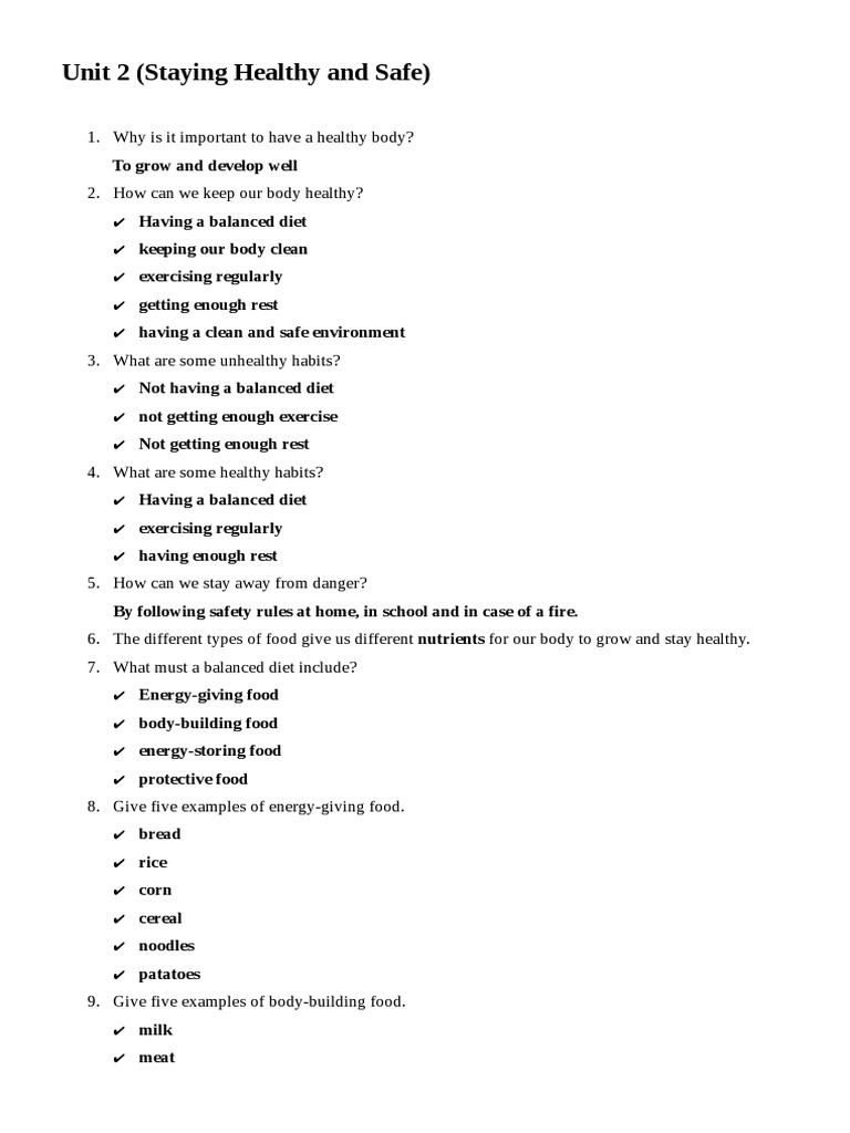 Unit 2 (Staying Healthy and Safe) Answer Key | PDF | Foods | Healthy Diet