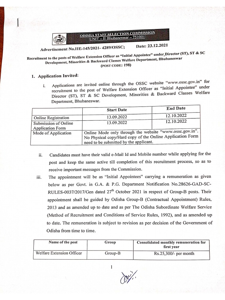 Notification OSSC Welfare Extension Officer Notice | PDF