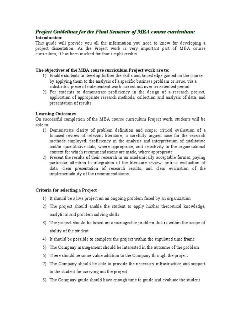 MBA Project Guidelines | PDF | Master Of Business Administration | Strategic Management