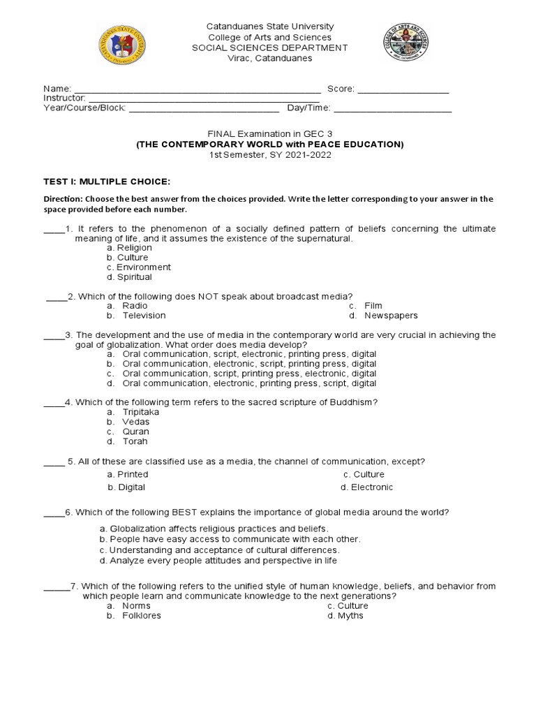 GEC 3 Final Exam: Contemporary World | PDF | Sustainability | Human ...