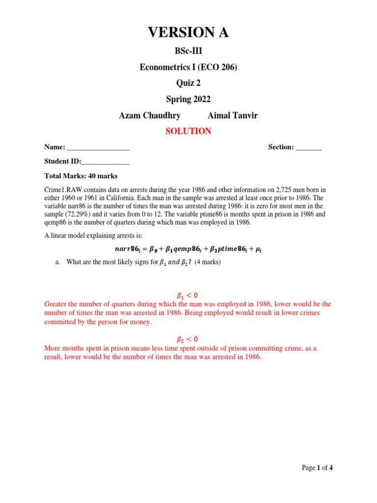 Econometrics I Quiz 2 Spring 2022 | PDF | Regression Analysis ...