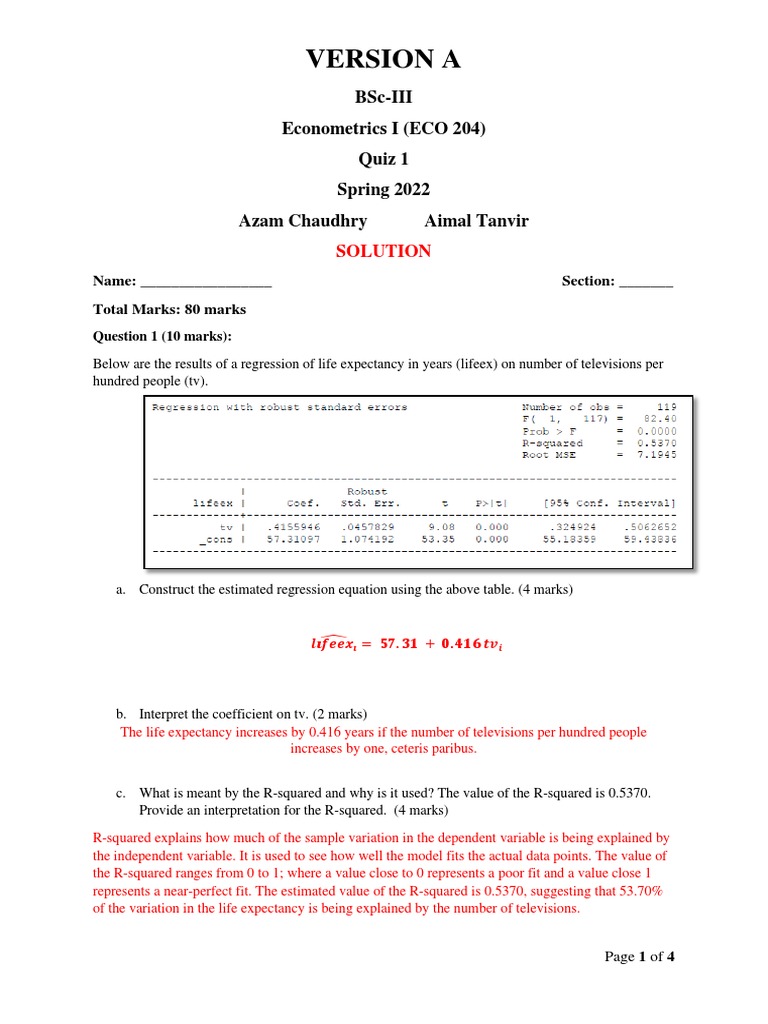 Econometrics I Quiz 1 Spring 2022 | PDF | Coefficient Of Determination | Regression Analysis