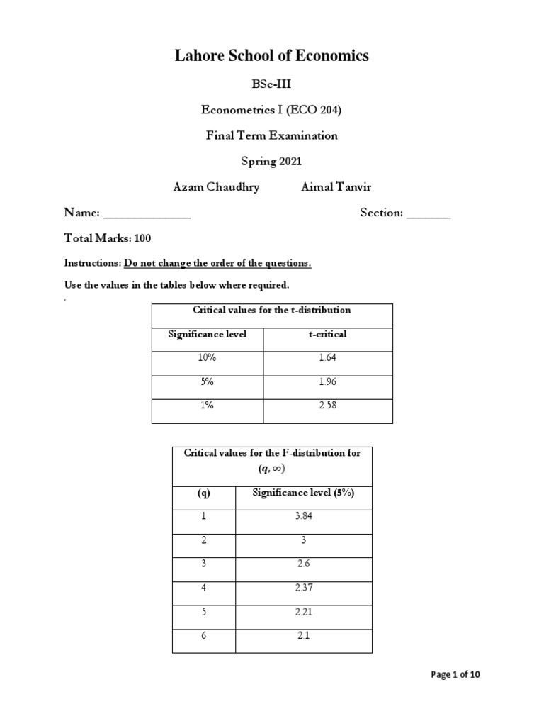 Final Exam Econom | PDF | Econometrics | Regression Analysis