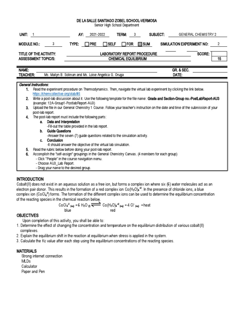 FINAL - GenChem2 - LabReport Procedure - Chemical Equilibrium. | PDF | Chemical Equilibrium ...