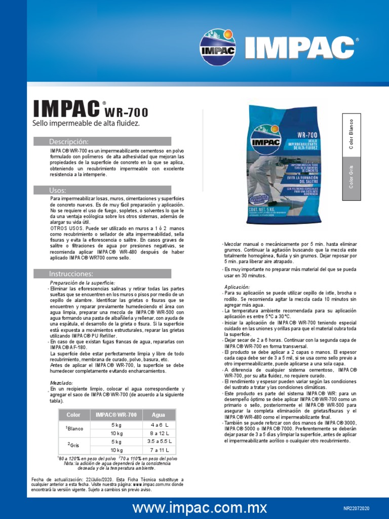 Impac WR 700 | Descargar gratis PDF | Hormigón | Agua