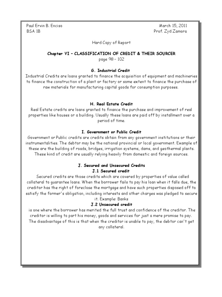 Chapter Vi - Classification of Credit & Their Sourcer | PDF | Credit ...