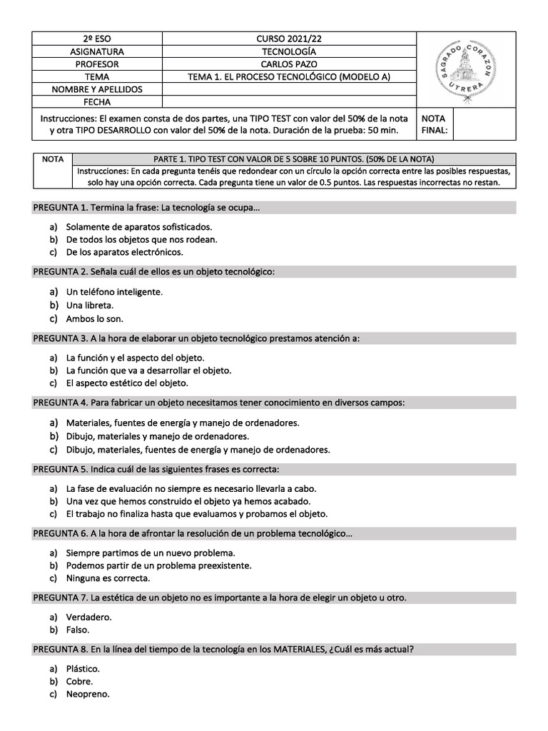 Examen Tecnología 2º ESO: Proceso Tecnológico | PDF | Prueba (evaluación)