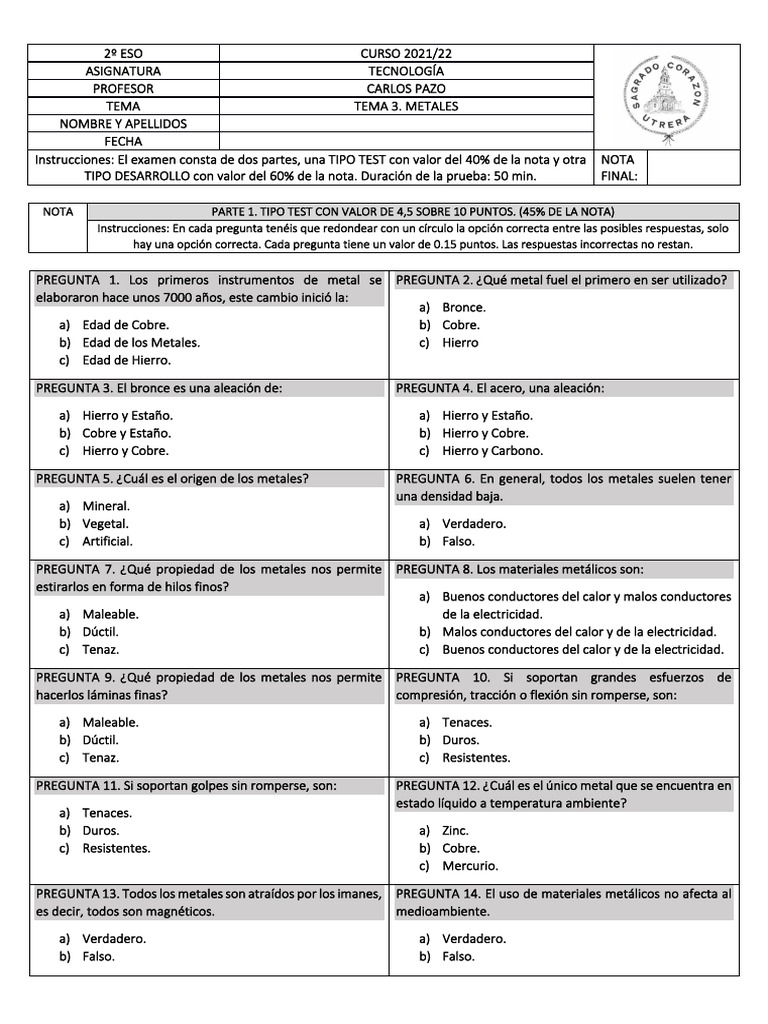 Examen sobre Metales y sus Propiedades | PDF | Rieles | Cobre
