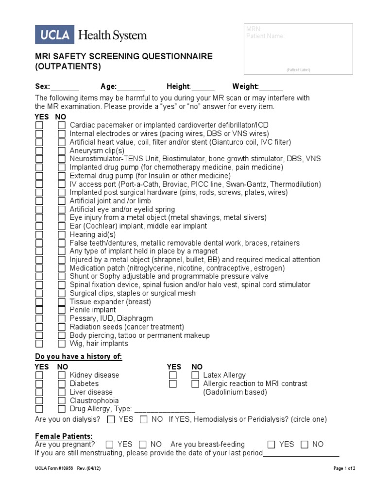 MRI Safety Screening Questionnaire Outpatient | PDF | Implant (Medicine ...