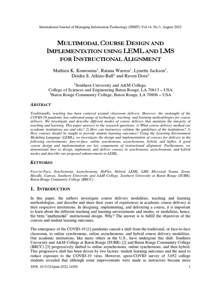 Multimodal Course Design And Implementation Using Leml And Lms For Instructional Alignment Pdf