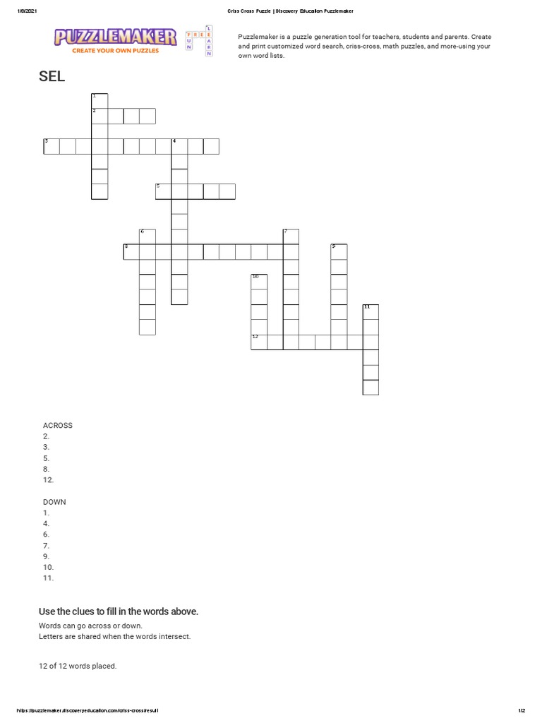 Criss Cross Puzzle - Discovery Education Puzzlemaker | PDF