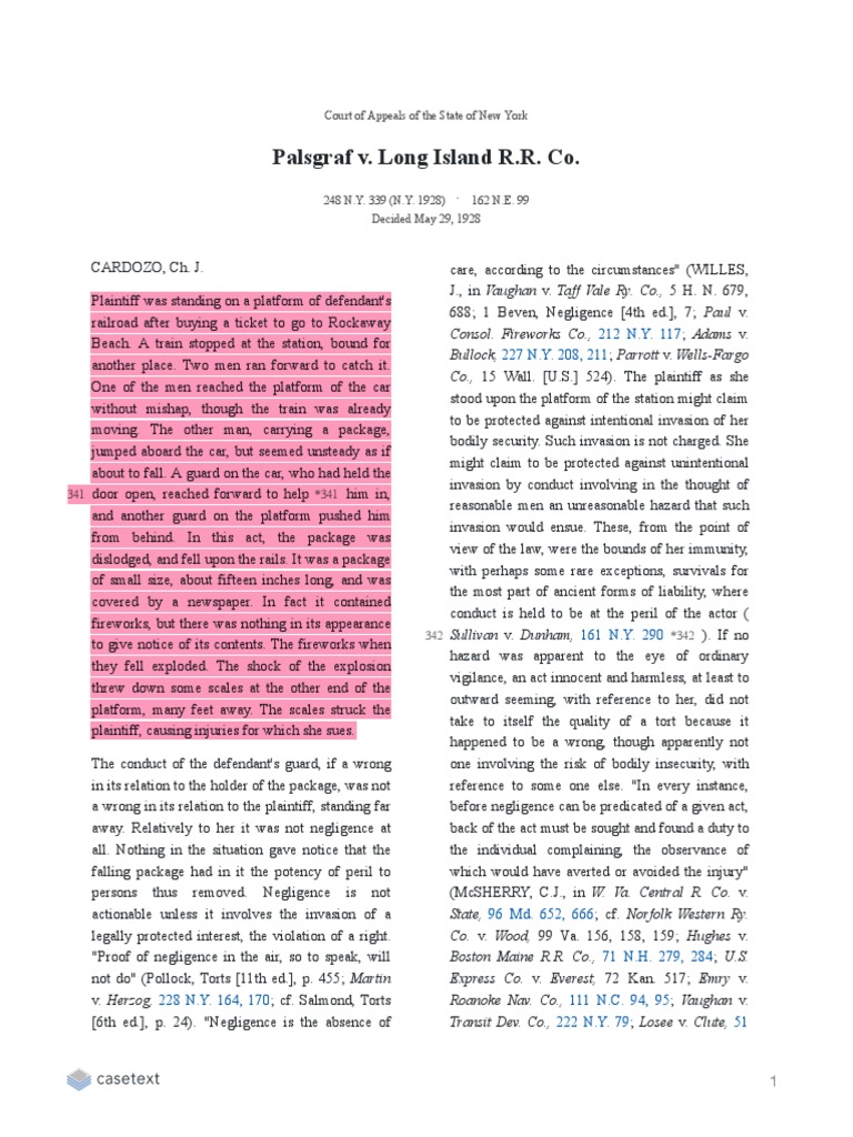 Palsgraf v. Long Island R.R. Case Summary | PDF | Negligence | Tort