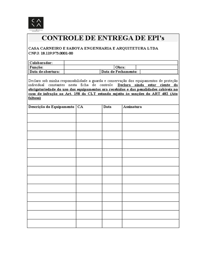 Modelo De Ficha De Epi Em Word