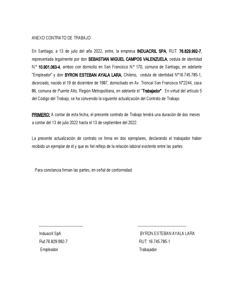 Anexo Contrato de Trabajo Byron - Ok | PDF